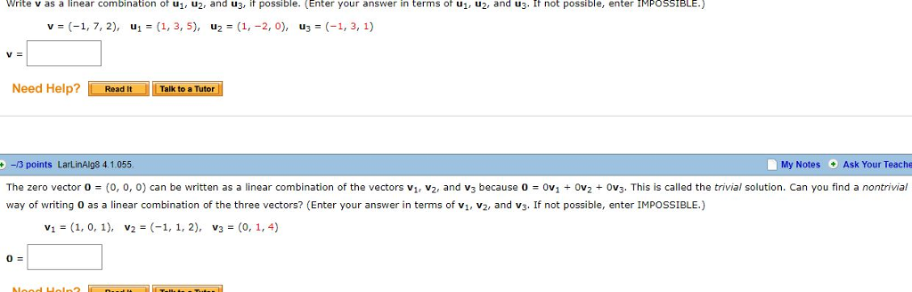 Solved Write v as a linear combination of u1, u2, and u3, it | Chegg.com