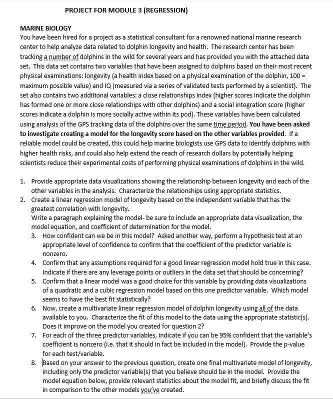 PROJECT FOR MODULE 3 (REGRESSION) MARINE BIOLOGY You | Chegg.com