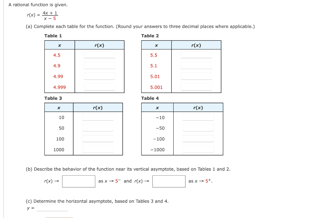 Solved A rational function is given. r(x) = 4x + 1 X-5 (a) | Chegg.com