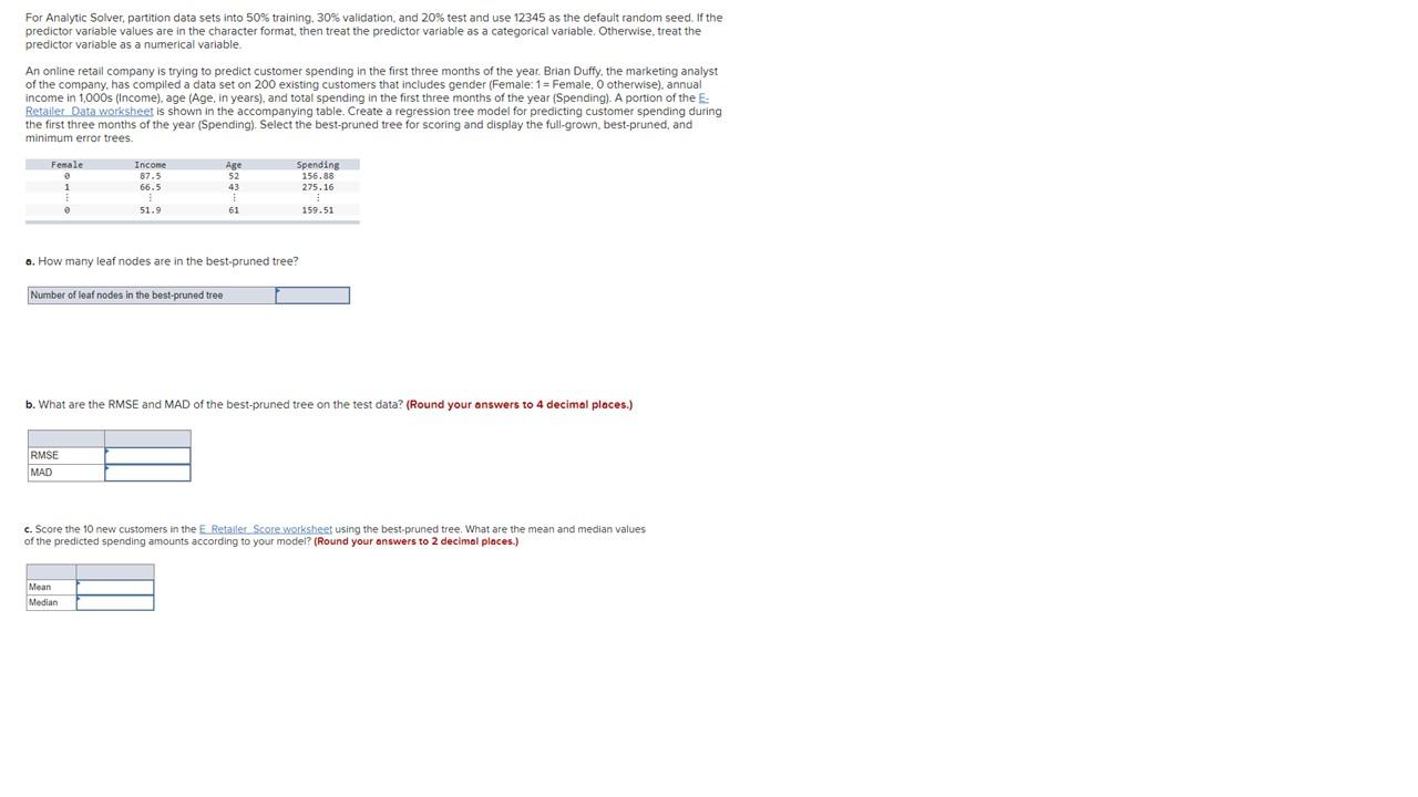 For Analytic Solver, partition data sets into 50% | Chegg.com