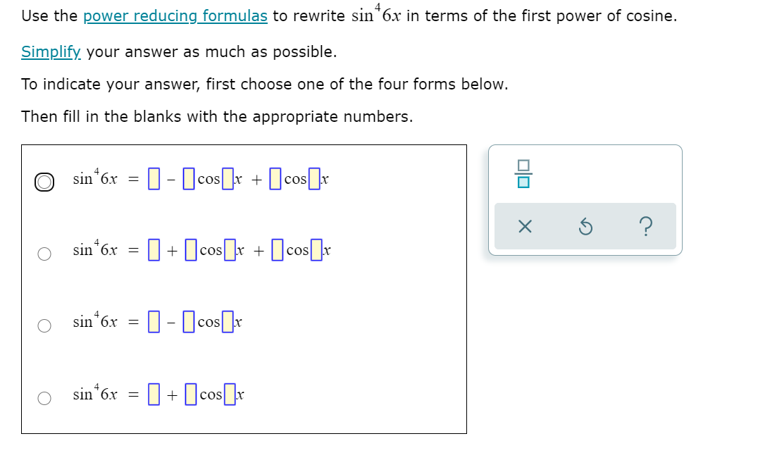 Solved Use the power reducing formulas to rewrite sin 6x in | Chegg.com