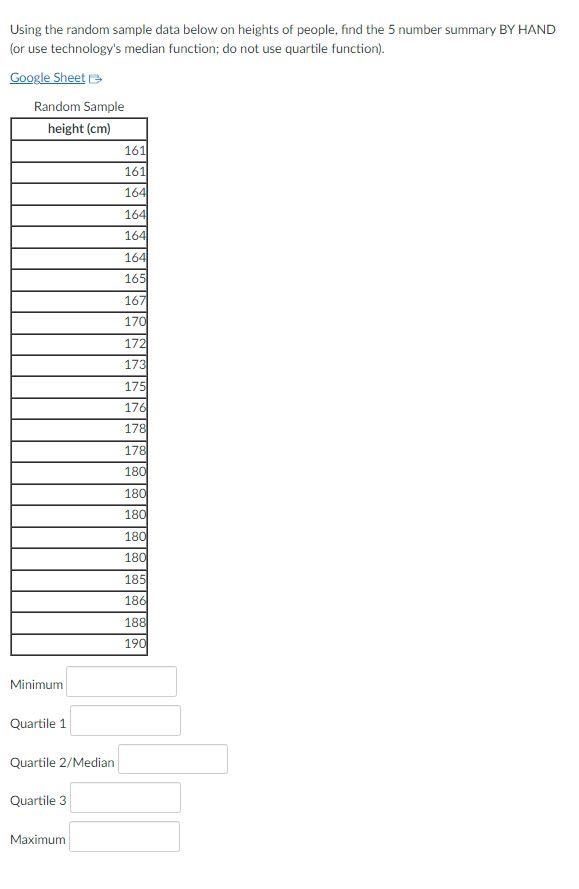 Solved Using the random sample data below on heights of | Chegg.com