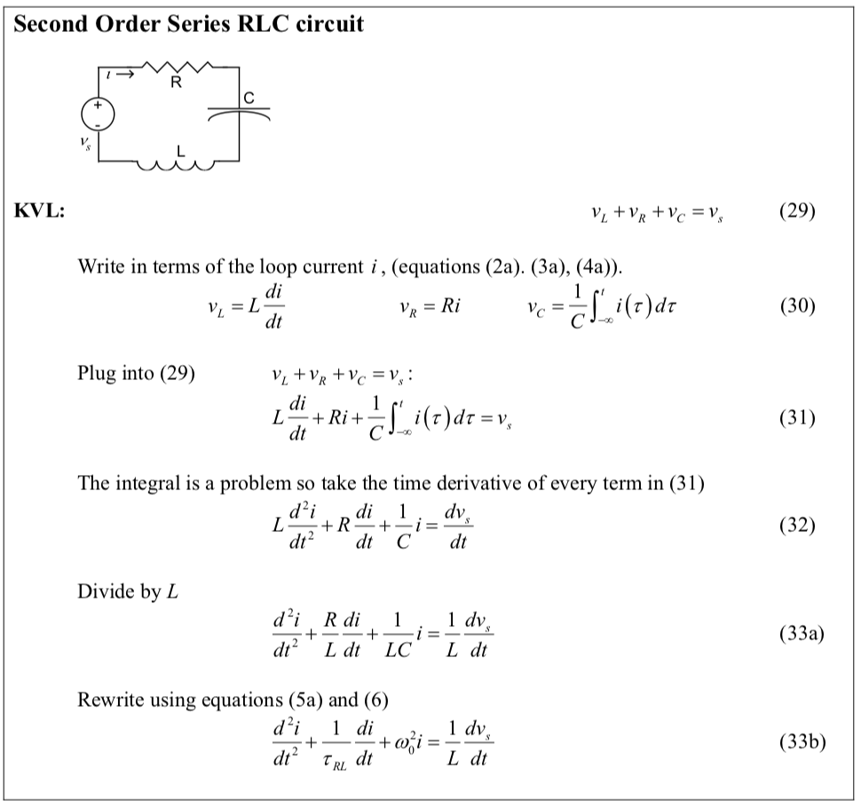 Solved Second Order Series RLC circuit V VRVc(29) KVL: Write | Chegg.com