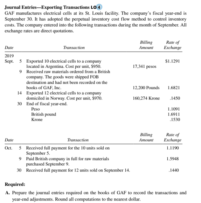 Journal Entries-Exporting Transactions LO 4 GAF | Chegg.com