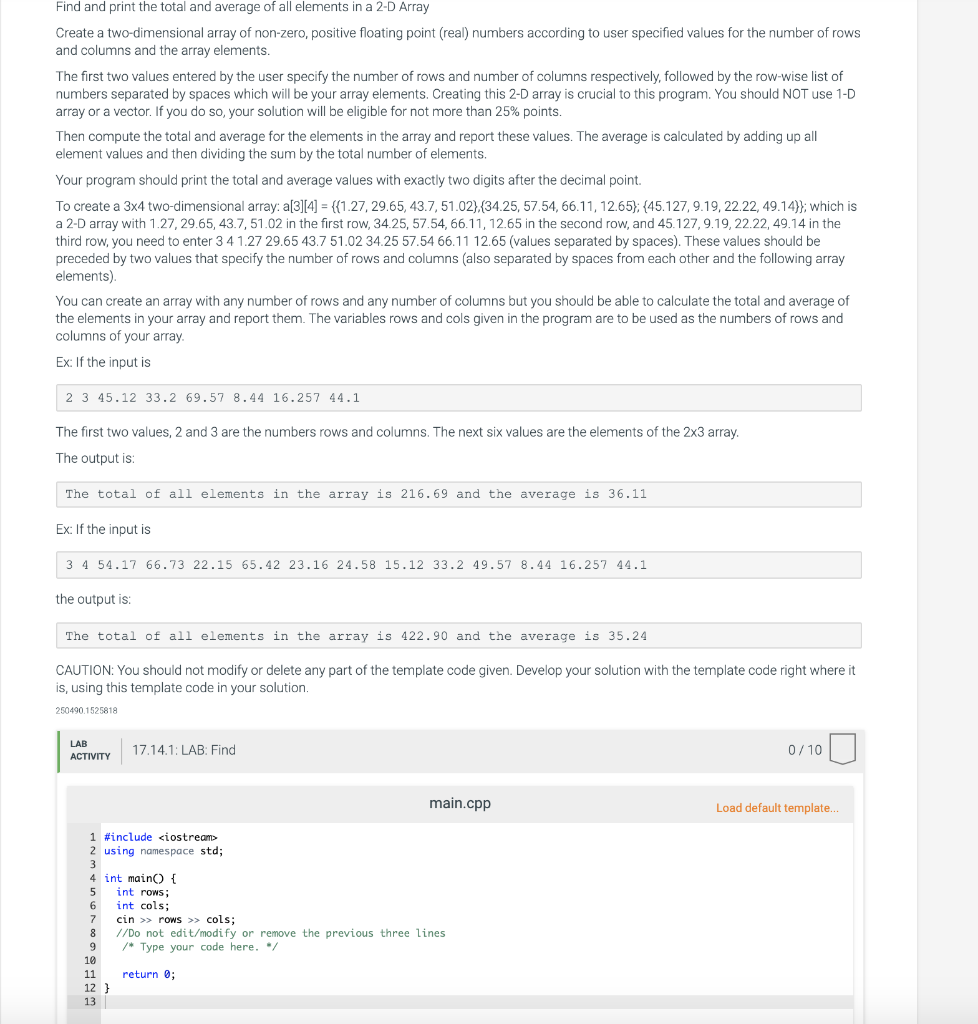 Solved Find and print the total and average of all elements | Chegg.com