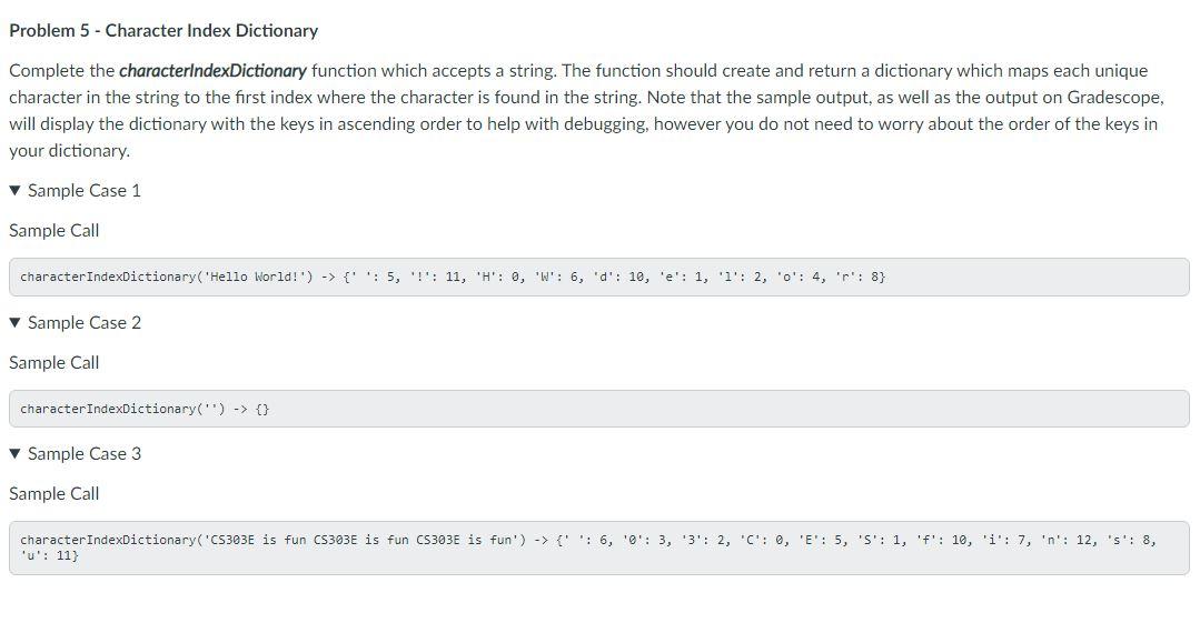 Solved Problem 5 - Character Index Dictionary Complete the | Chegg.com