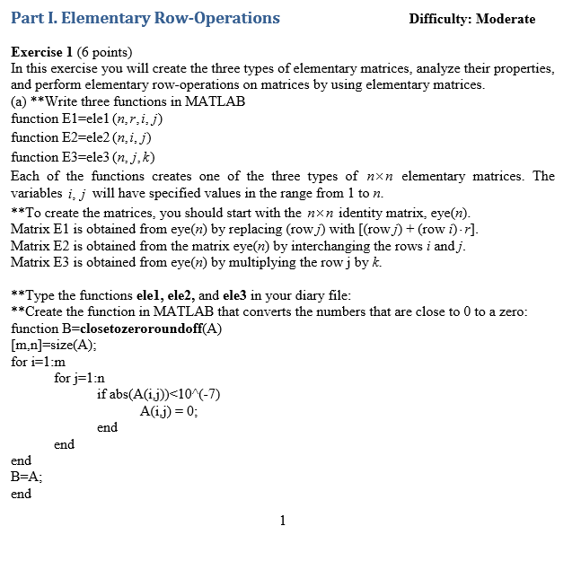 PartI. Elementary Row-Operations Difficulty: Moderate | Chegg.com