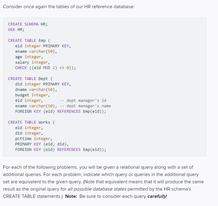 Solved CREATE SCHEMA HR; USE HR; CREATE TABLE Emp eid | Chegg.com