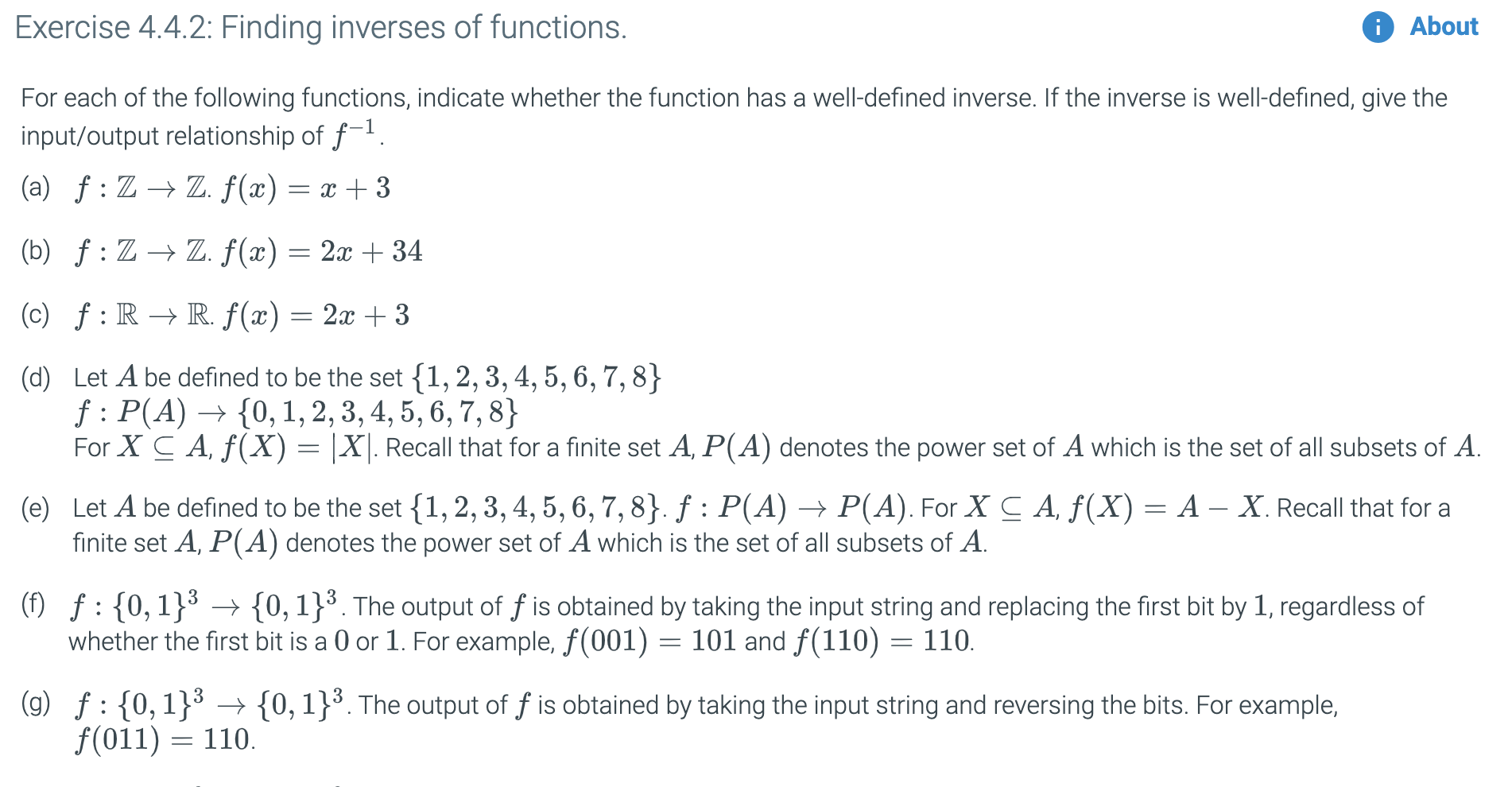 Solved Exercise 4.4.2: Finding inverses of functions. About | Chegg.com