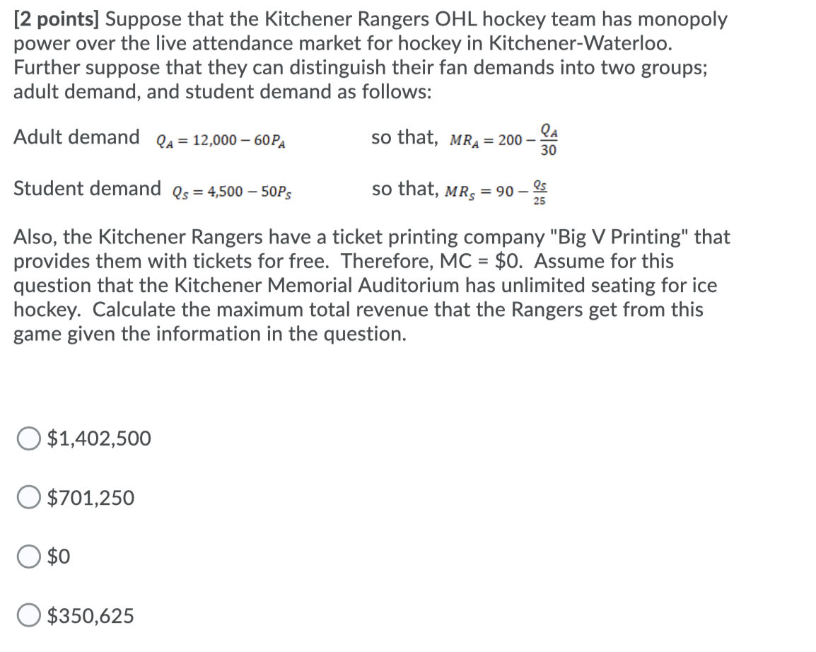 Solved [2 points] Suppose that the Kitchener Rangers OHL | Chegg.com