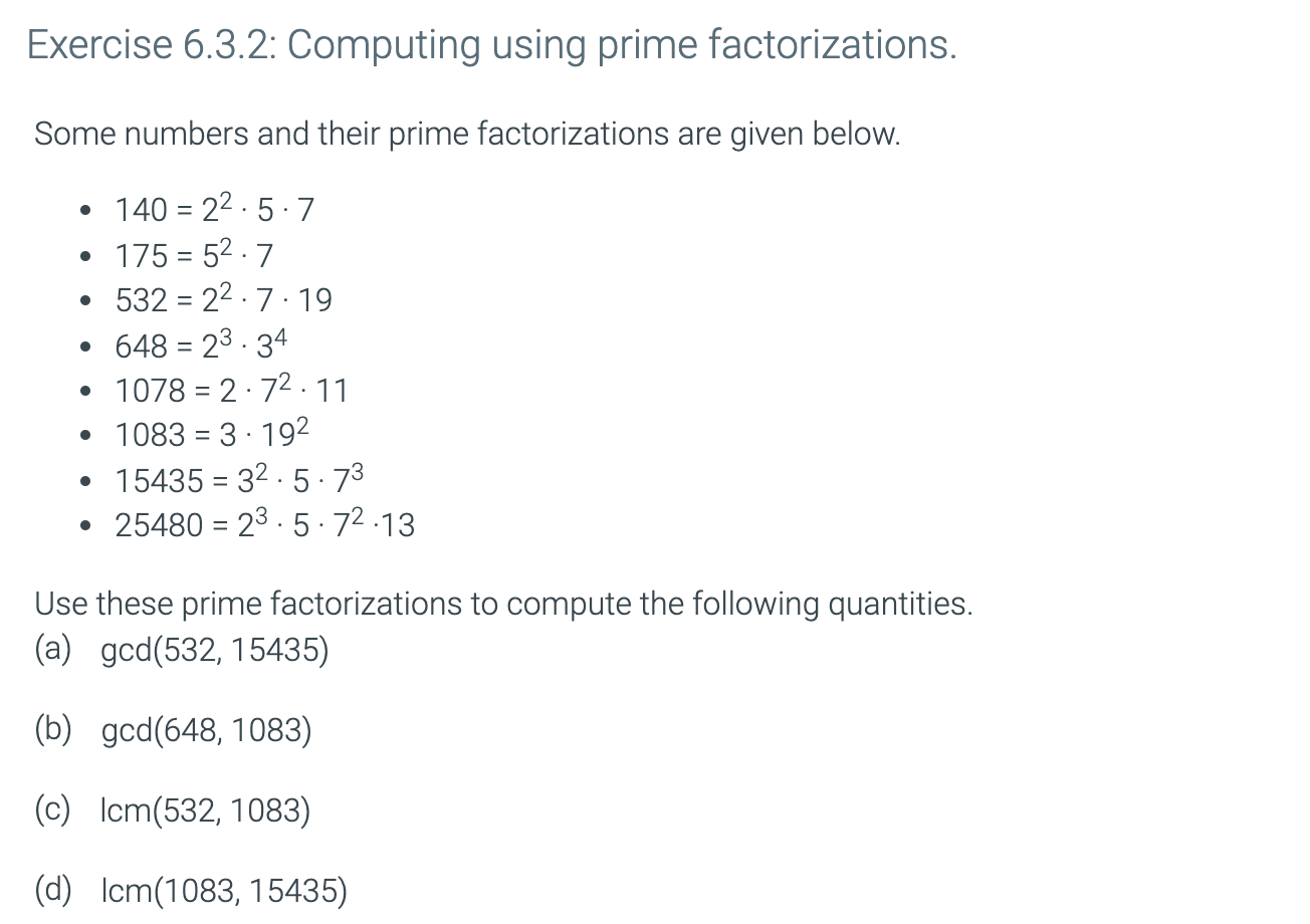 Solved Exercise 6.3.2: Computing using prime factorizations. | Chegg.com