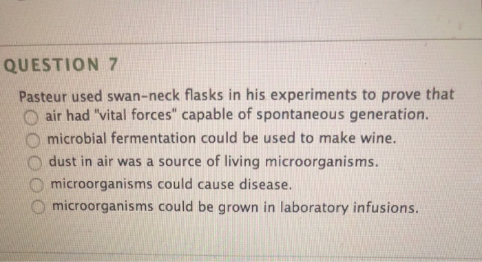 Solved QUESTION 7 Pasteur used swan-neck flasks in his | Chegg.com