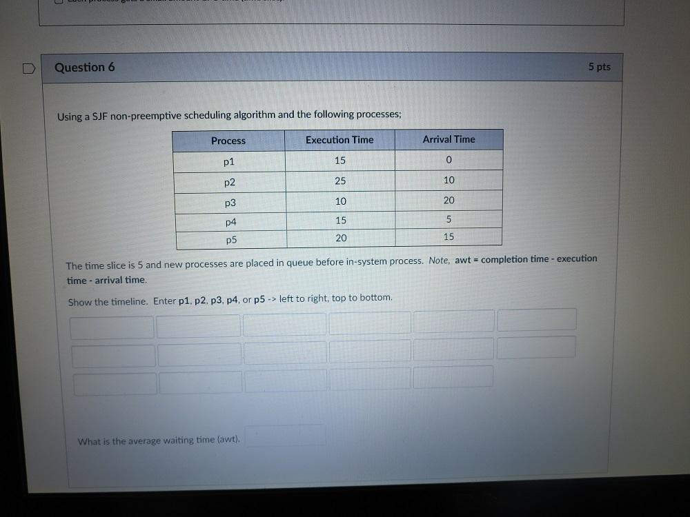 Solved Question 6 5 pts Using a SJF non-preemptive | Chegg.com