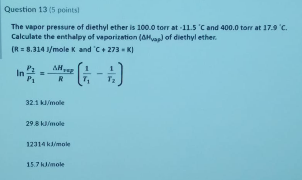 Solved Question 13 (5 points) The vapor pressure of diethyl | Chegg.com