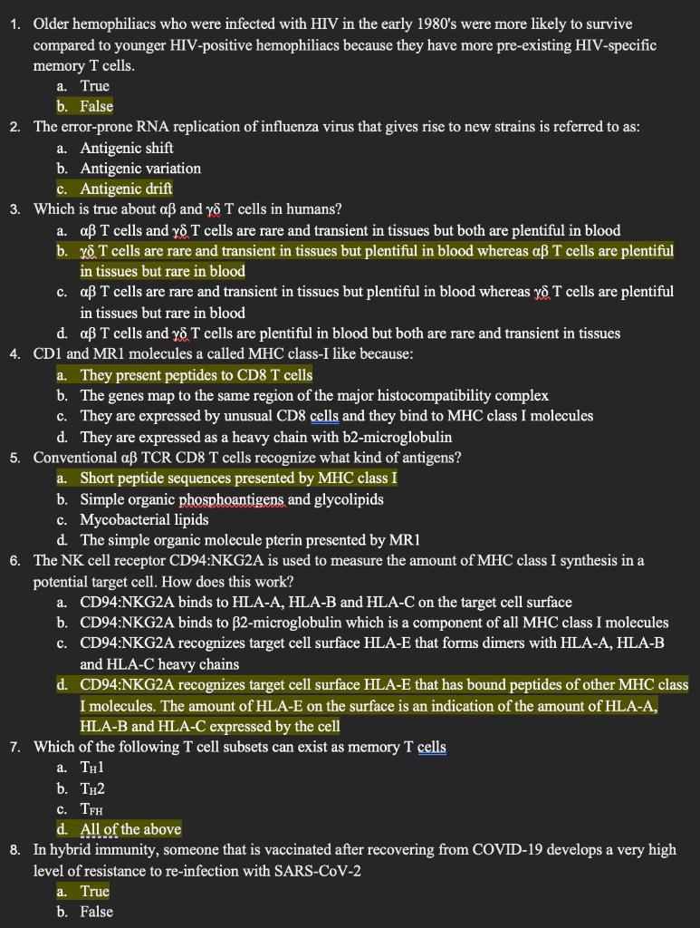 Solved If someone has time, can someone check my immunology | Chegg.com