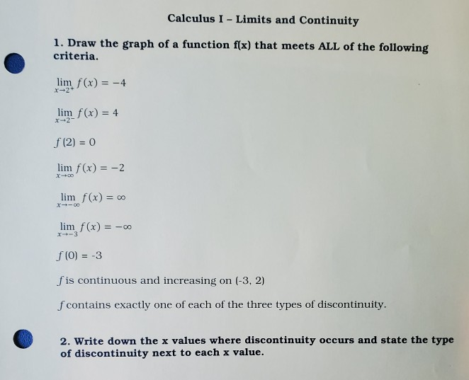 Solved Calculus I - Limits and Continuity 1. Draw the graph | Chegg.com