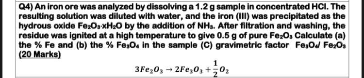 Solved Q4 An Iron Ore Was Analyzed By Dissolving A 1 2 G