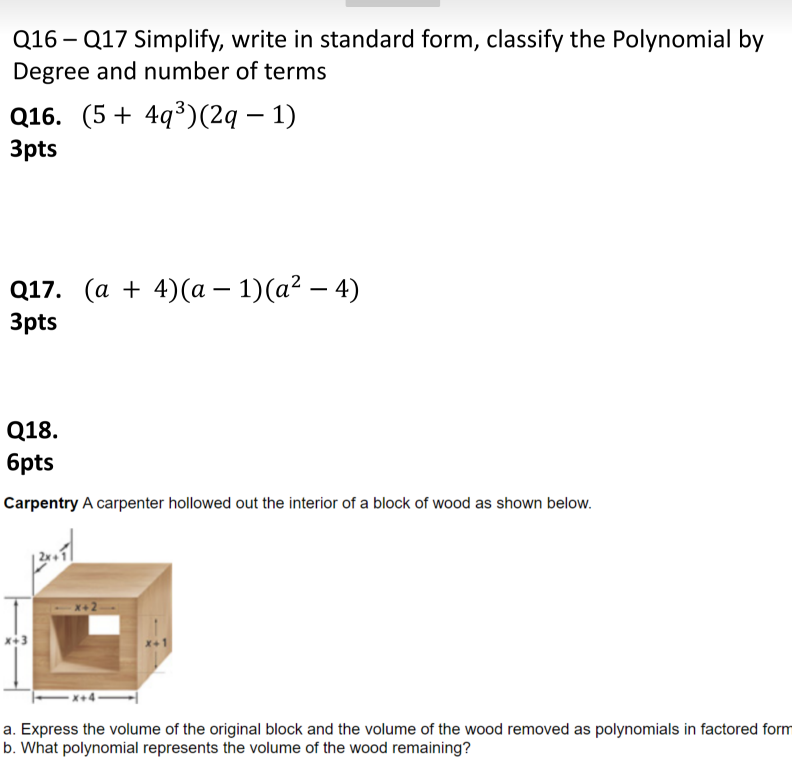 Solved Q16 - Q17 Simplify, write in standard form, classify | Chegg.com