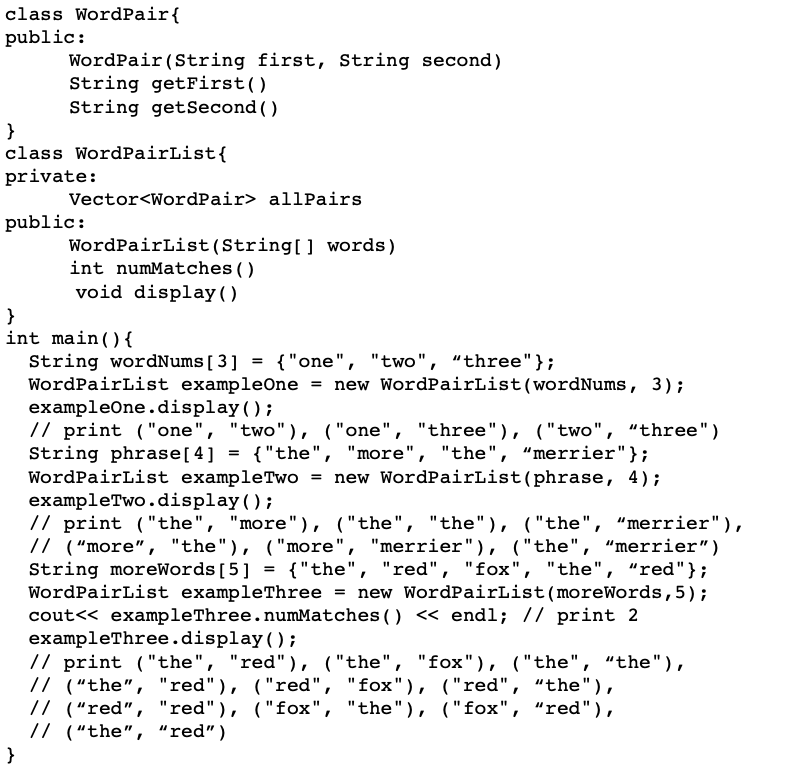 Solved Q1: Write the WordPairList class. The constructor | Chegg.com