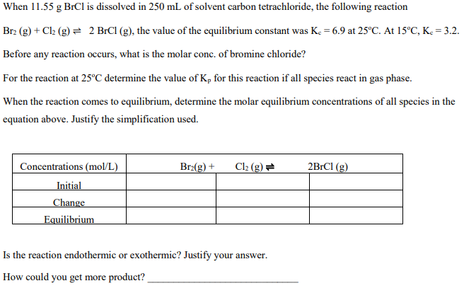 Solved When 11.55 g BrCl is dissolved in 250 mL of solvent | Chegg.com