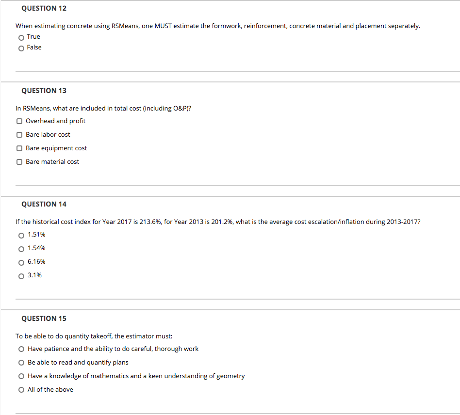 Solved QUESTION 12 When estimating concrete using RSMeans, | Chegg.com