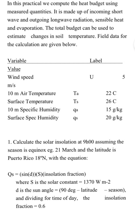 Solved In this practical we compute the heat budget using | Chegg.com