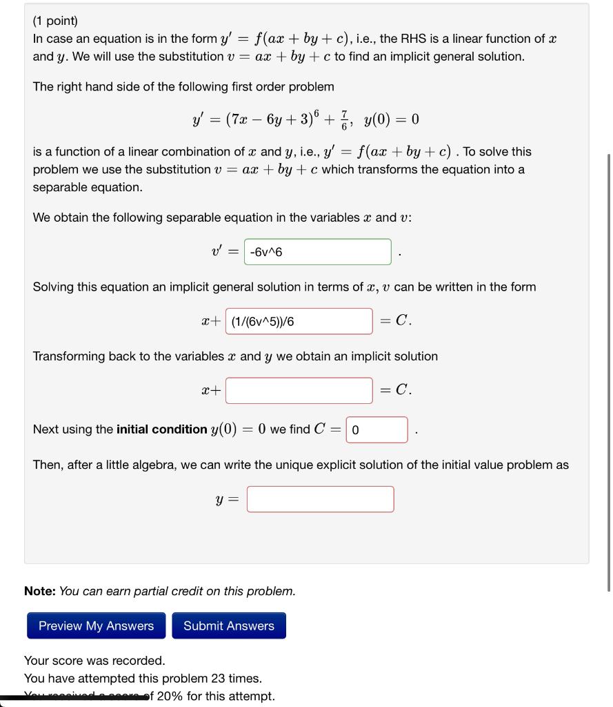 Solved In case an equation is in the form y′=f(ax+by+c), | Chegg.com