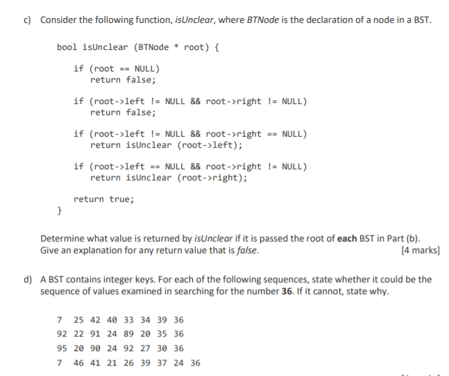 Solved c) Consider the following function, isUnclear, where | Chegg.com