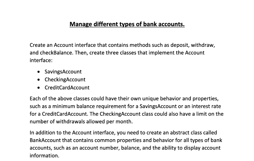 Solved Create an Account interface that contains methods | Chegg.com