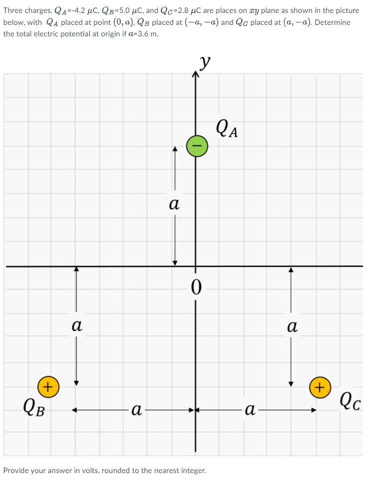 Solved Three charges, QA=-4.2 uc, QB=5.0 MC, and Qc=2.8 uc | Chegg.com