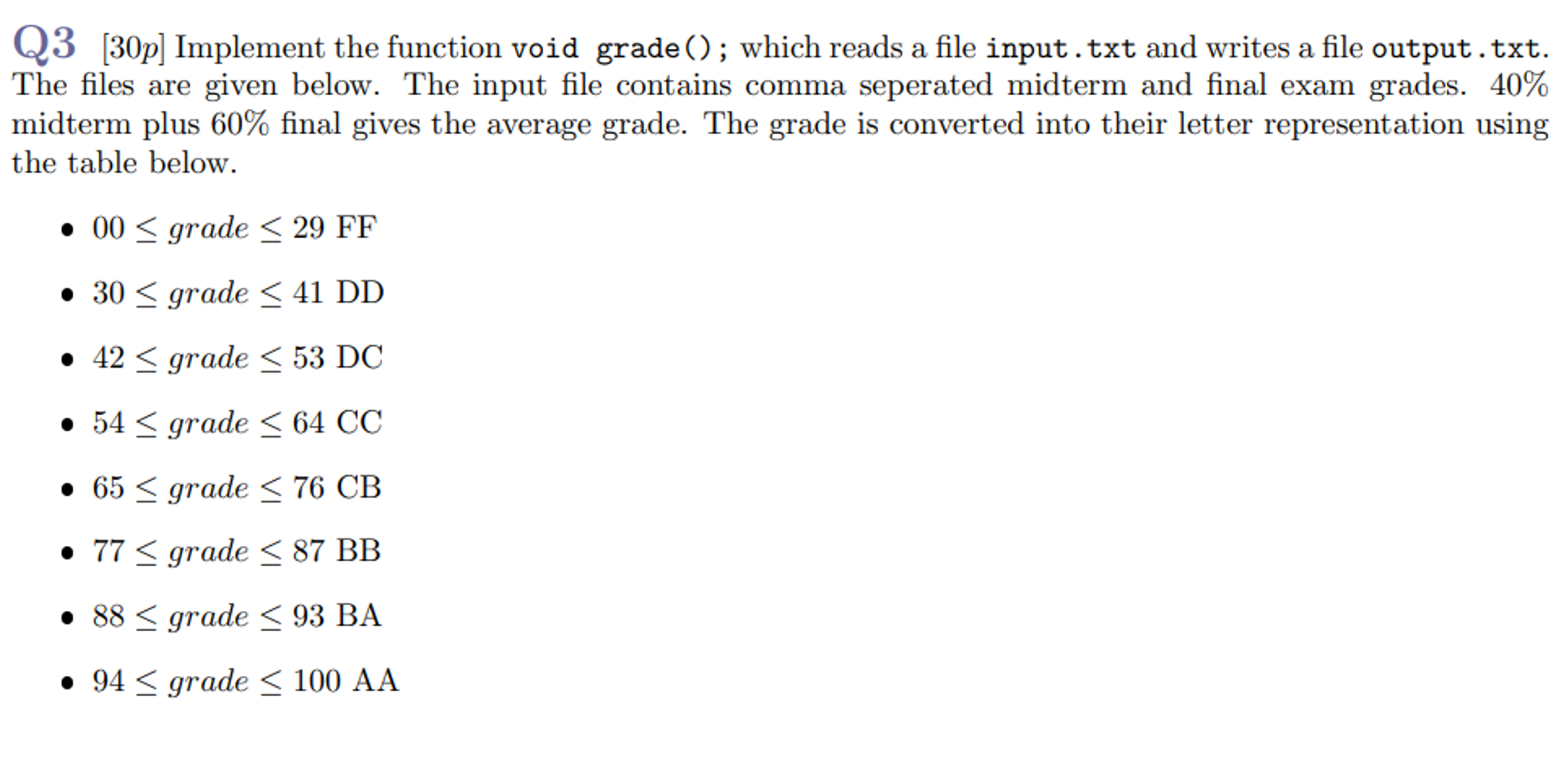 Solved Q3 30p Implement The Function Void Grade Which 6723