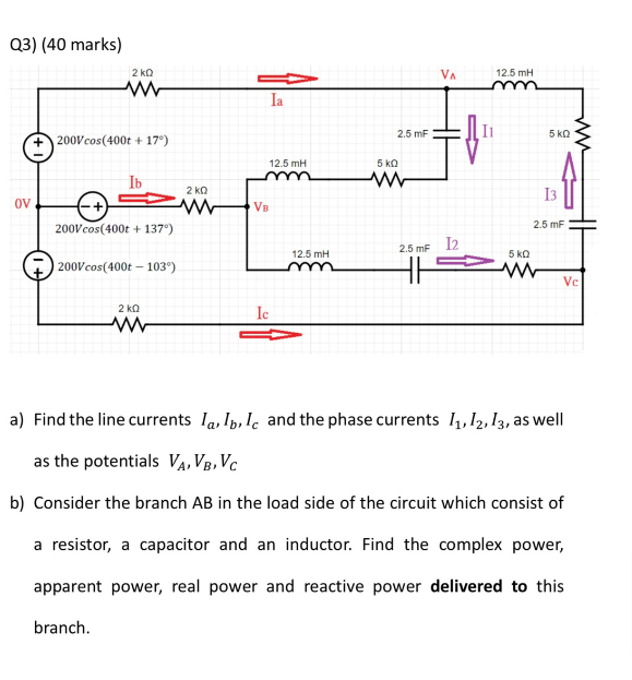Solved Q3) (40 marks) a) Find the line currents Ia,Ib,Ic and | Chegg.com
