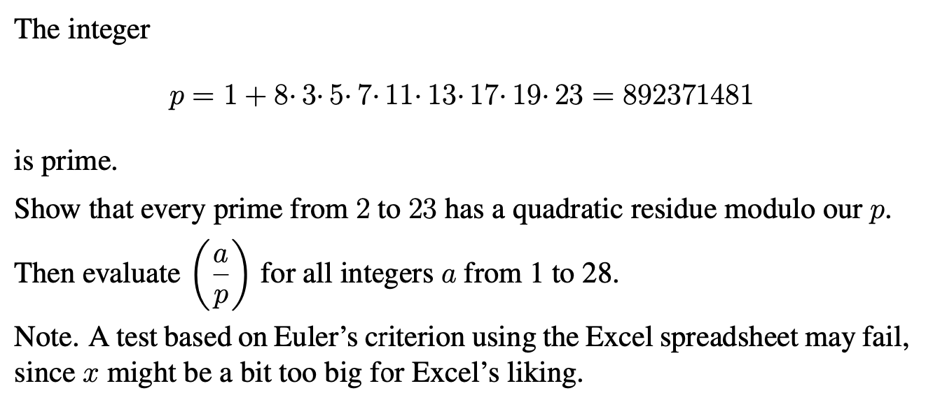 Solved The integer p=1+8⋅3⋅5⋅7⋅11⋅13⋅17⋅19⋅23=892371481 is | Chegg.com
