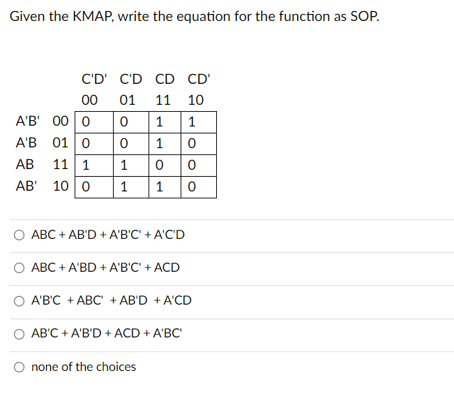 Solved Given the KMAP, write the equation for the function | Chegg.com