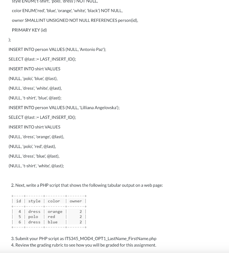 Solved Option #1: Shirts 1. Create the following MySQL | Chegg.com