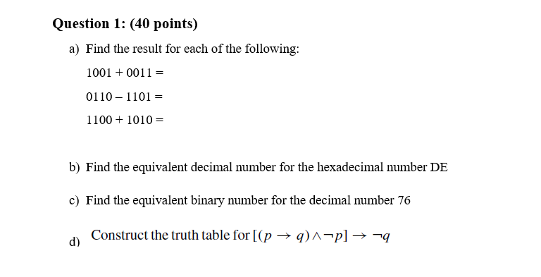 Solved Question 1: (40 points) a) Find the result for each | Chegg.com
