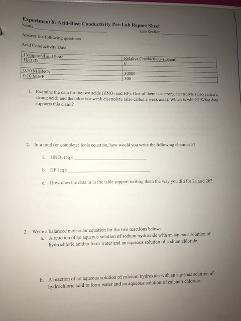Solved Experiment 8: Acid-Base Conductivity Pre-Lab Report | Chegg.com