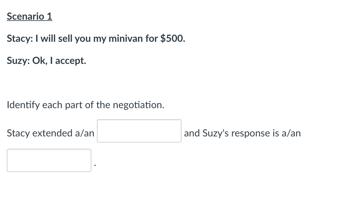 Solved Scenario 1 Stacy: I will sell you my minivan for | Chegg.com