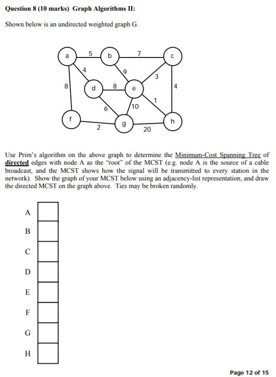 Solved Question 8 (10 marks) Graph Algorithms II: Shown | Chegg.com