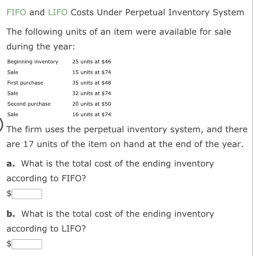 Solved FIFO and LIFO Costs Under Perpetual Inventory System | Chegg.com