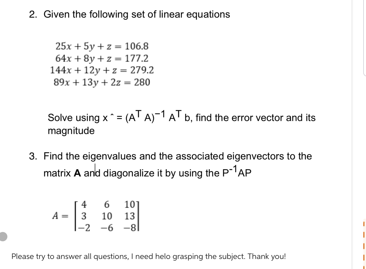 Solved 2. Given the following set of linear equations | Chegg.com