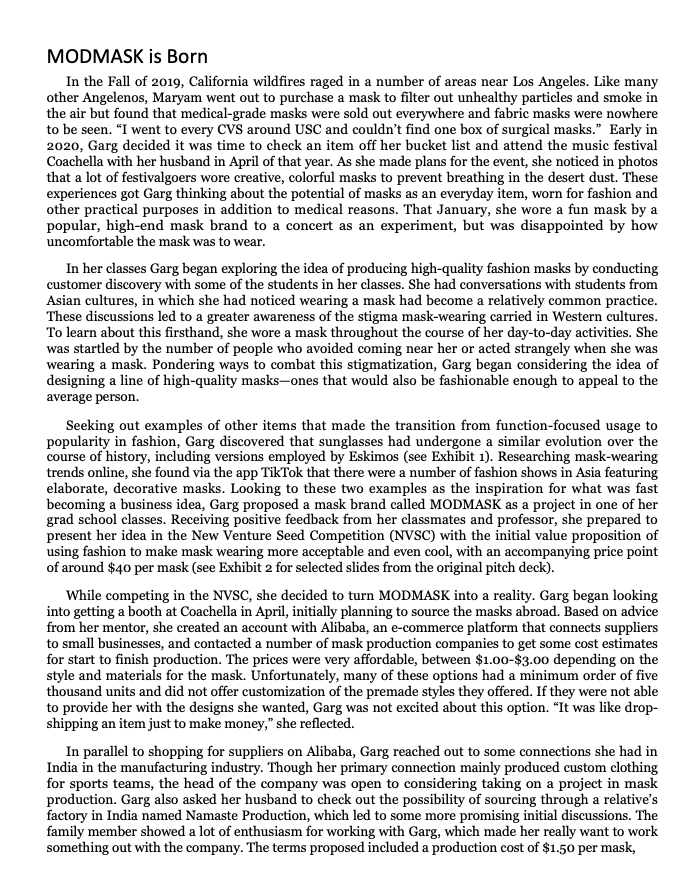 MODMASK: Starting Up in a Pandemic Bzzz. Bzzzzz. | Chegg.com