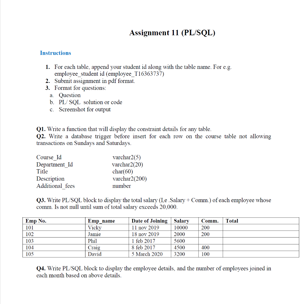 Solved Assignment 11 (PL/SQL) Instructions 1. For each | Chegg.com