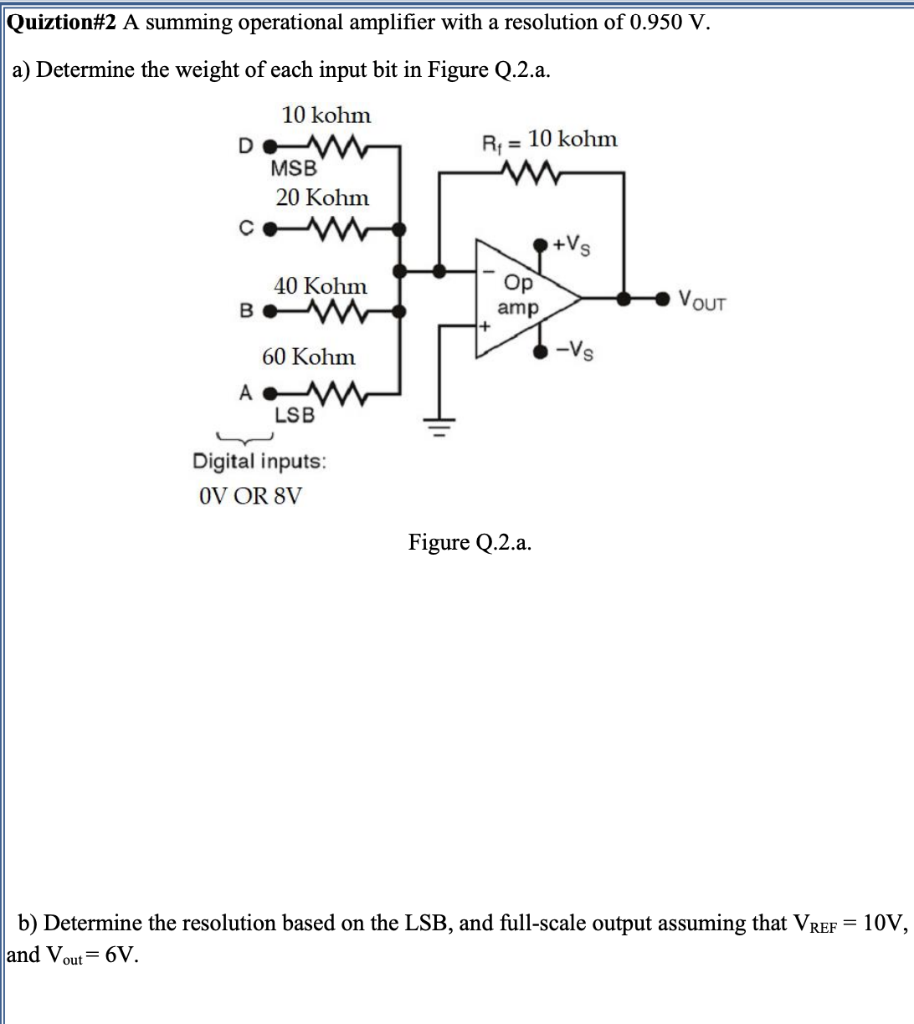 Solved Quiztion#2 A summing operational amplifier with a | Chegg.com