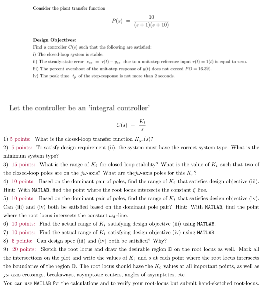 Consider the plant transfer function | Chegg.com