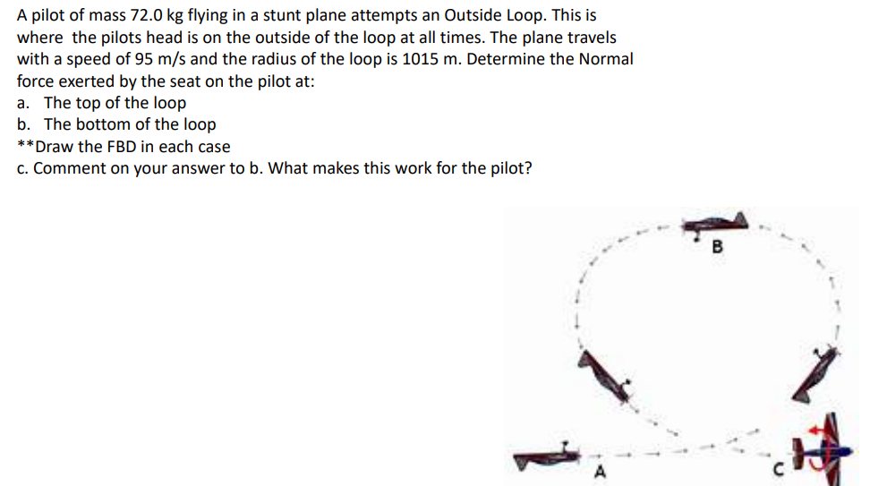 Solved A pilot of mass 72.0 kg flying in a stunt plane | Chegg.com