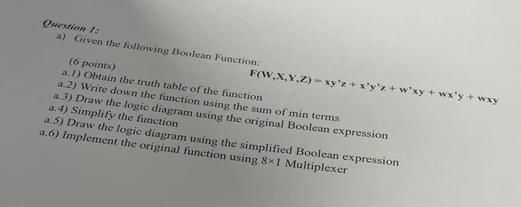 Solved Question 1 : a) Given the following Boolean Function: | Chegg.com
