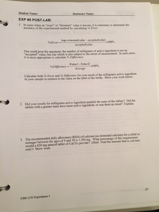 Student Name: EXP #5 POST-LAB: 1. In cases when an | Chegg.com