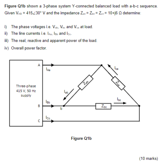 Solved Figure Q1b shown a 3-phase system Y-connected | Chegg.com