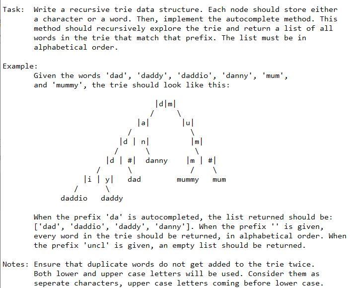 Solved Task: Write a recursive trie data structure. Each | Chegg.com